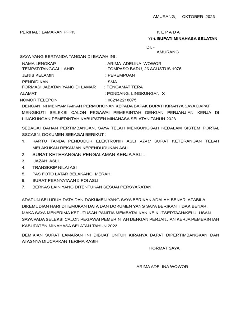 Lamaran PPPK Arima Adelina Wowor | PDF