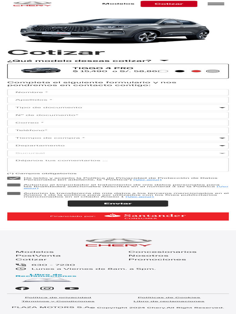 Cotizar auto o camioneta SUV Chery Perú | PDF