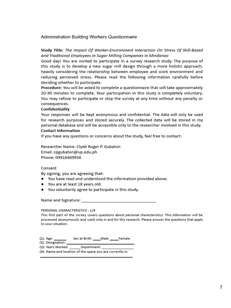 Administration Building Workers Questionnaire | PDF | Lighting | Sound