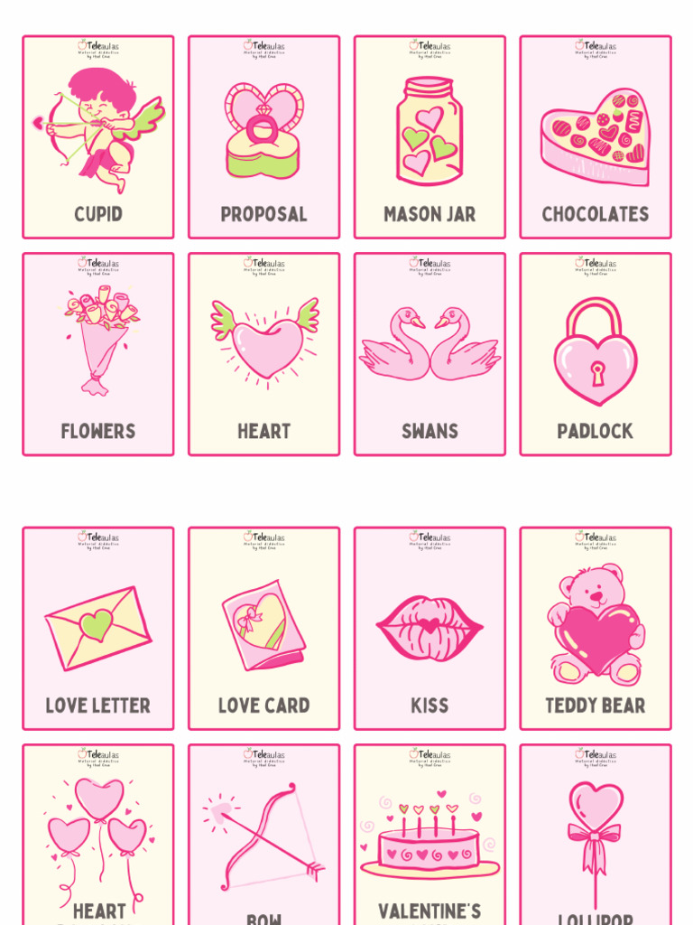 Valentine's day Flashcards in Pink and Yellow Free Hand Style | PDF