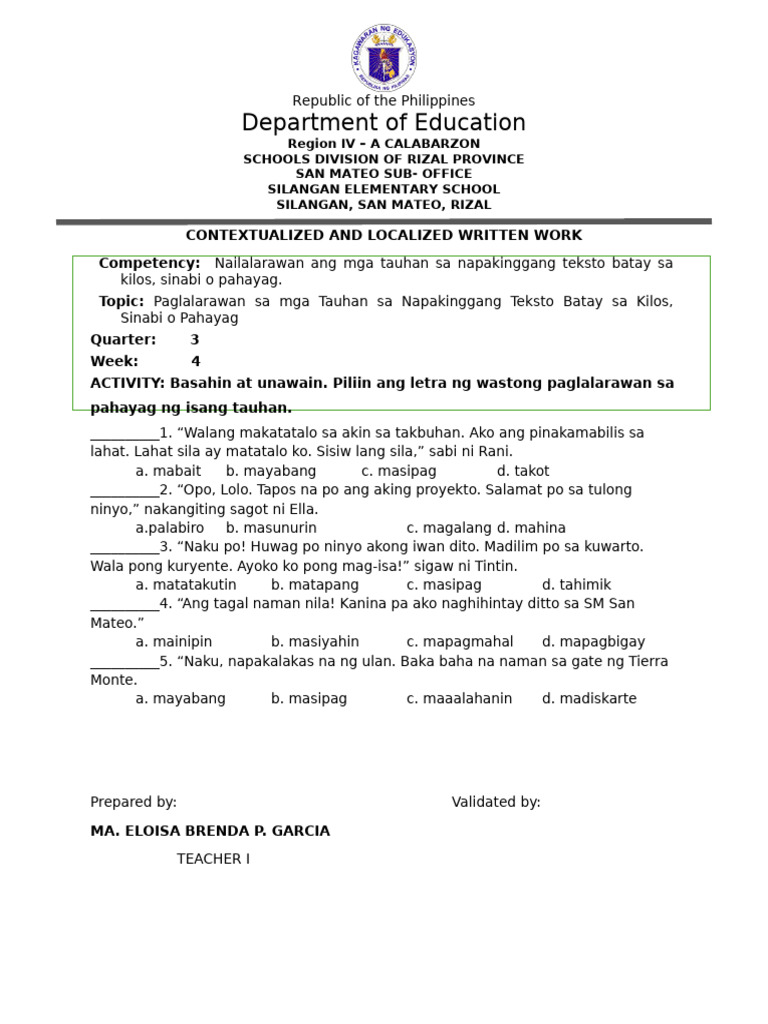 CONTEXTUALIZED WW FILIPINO Week 4 Q3 | PDF