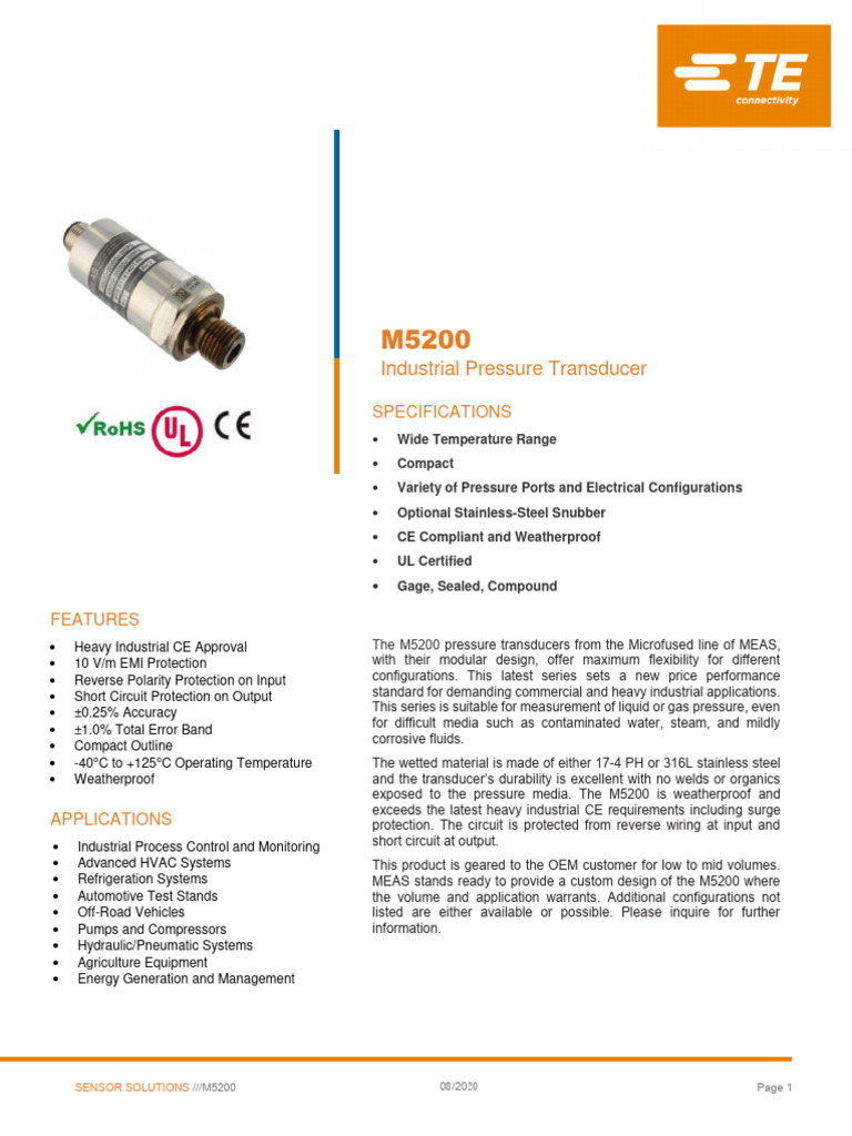 M5200 Industrial Pressure Transducer | PDF | Pressure Measurement ...