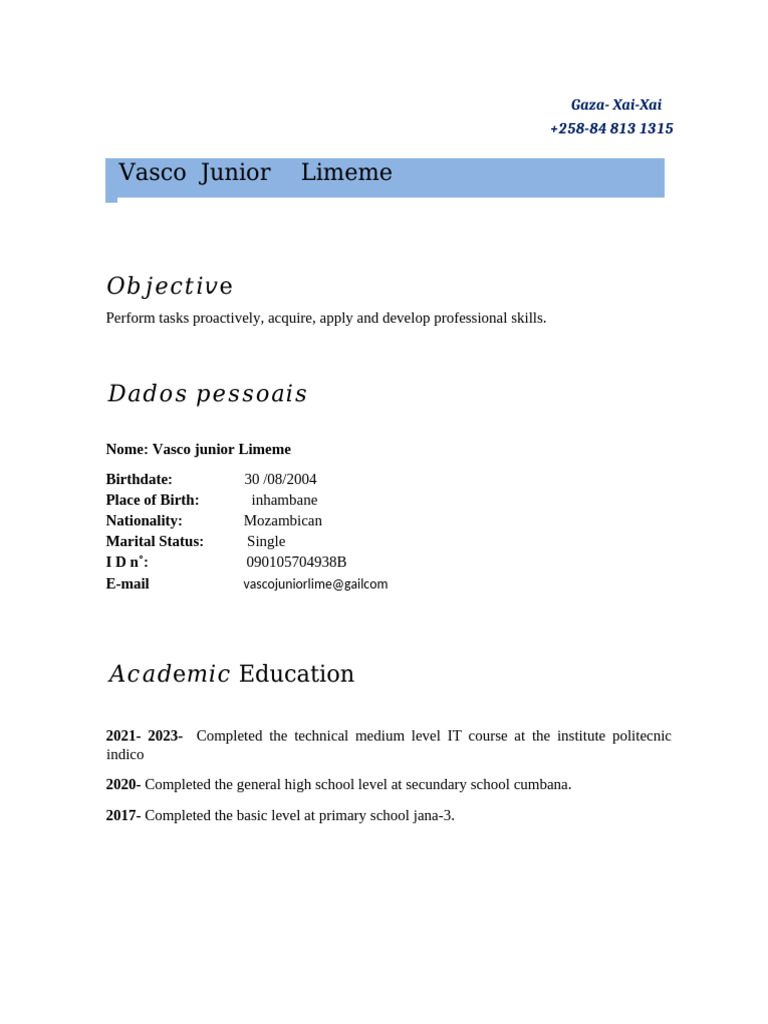 Vasco Limeme's CV Overview | PDF