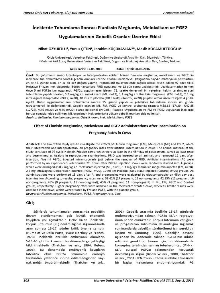 Neklerde Tohumlama Sonras - Fluniksin Meglumin, Meloksikam Ve PGE2 ...