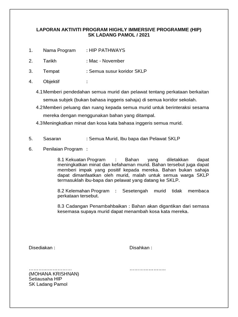 Program HIP SK Ladang Pamol 2021 | PDF