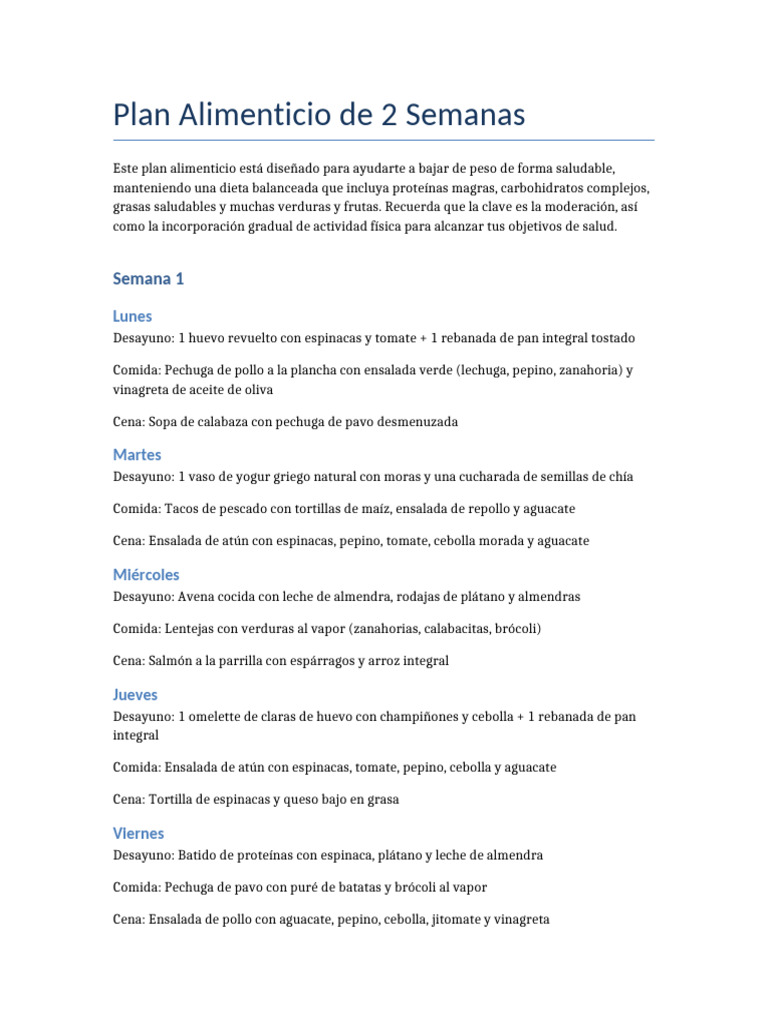 Plan Alimenticio 2 Semanas | PDF | ensalada | Alimentos