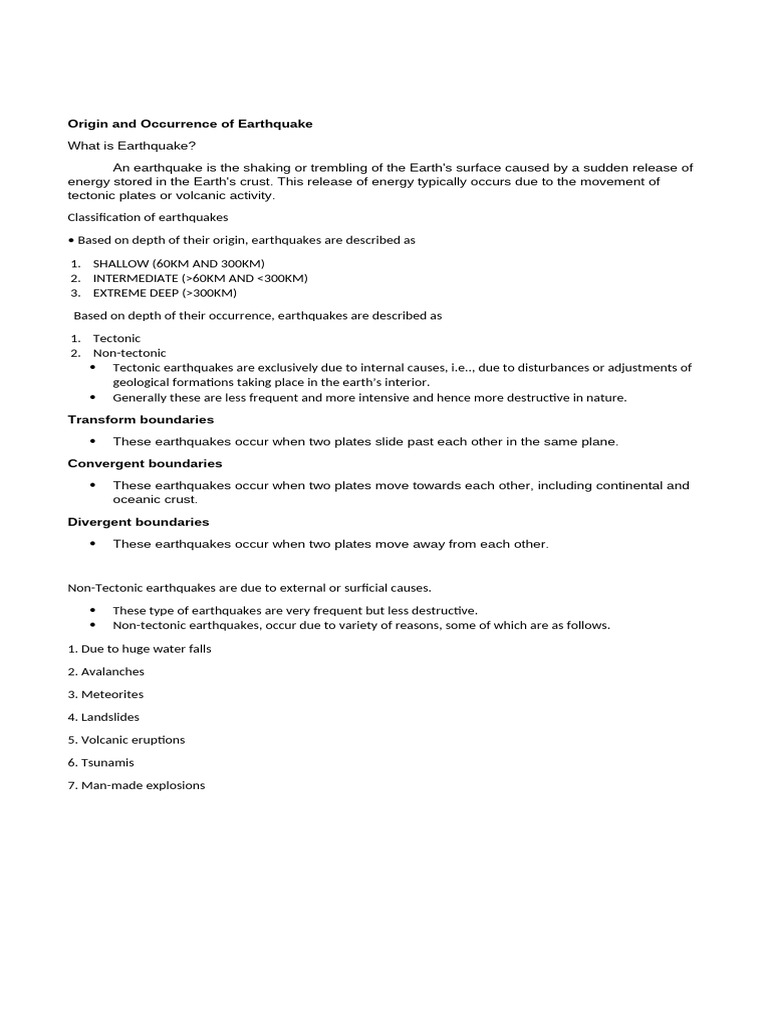 Origin and Occurrence of Earthquake | PDF | Earthquakes | Plate Tectonics
