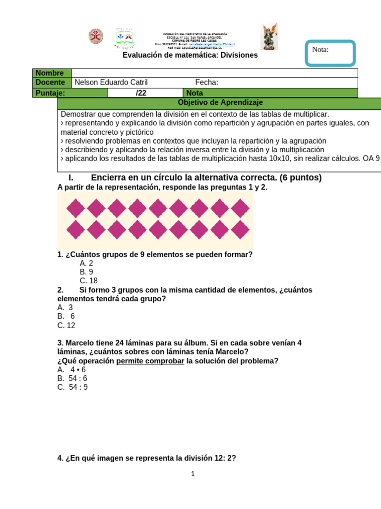 Evaluación 3° Básico Divisiones | PDF | Multiplicación | Matemáticas