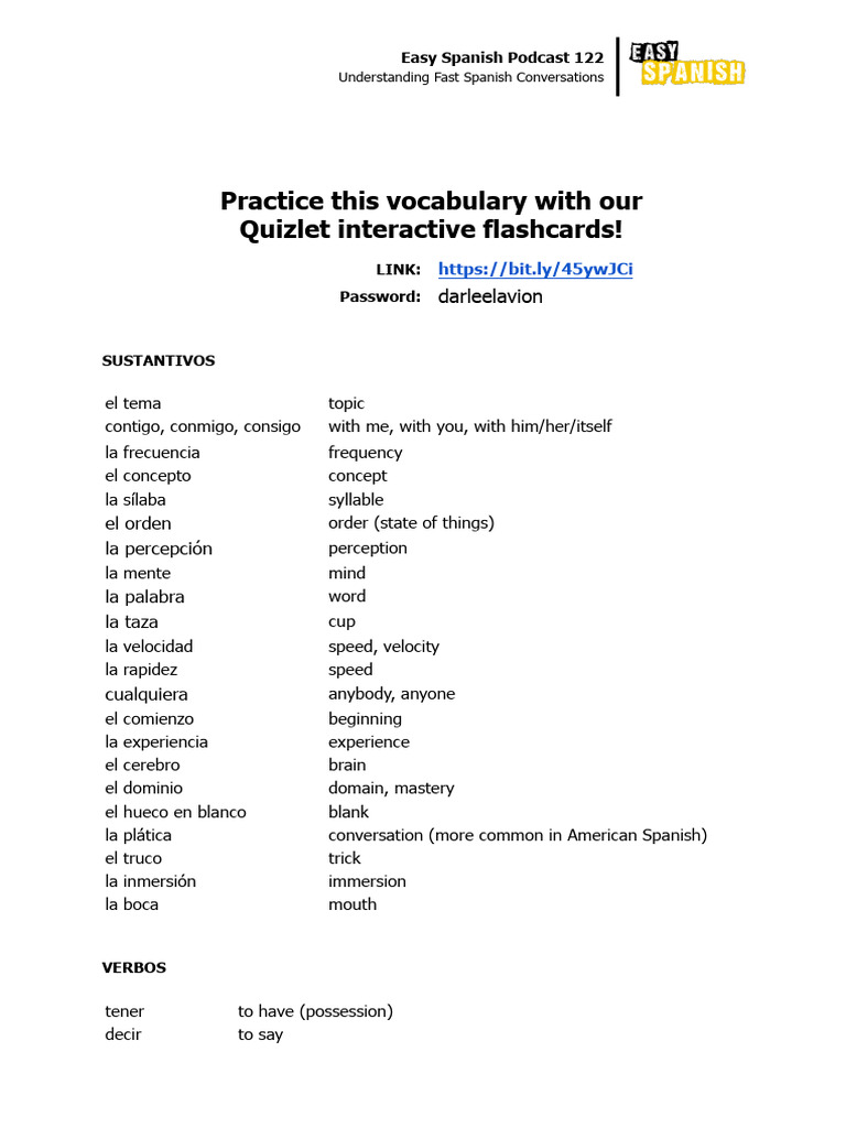 ESP122 - Vocabulary List - Understanding Fast Spanish Conversations ...