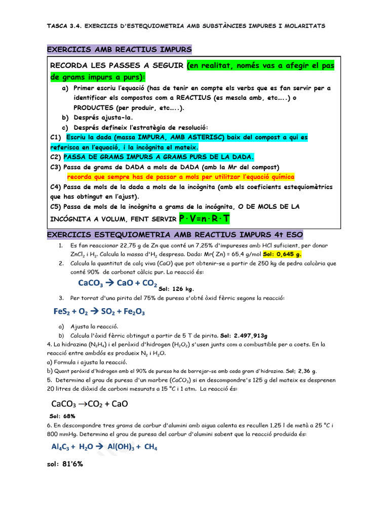 Tasca 3.4. Exercicis D'estequiometria Amb Substàncies Impures I ...