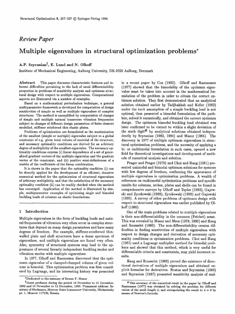 Multiple Eigenvalues in Structural Optimization | PDF | Eigenvalues And ...