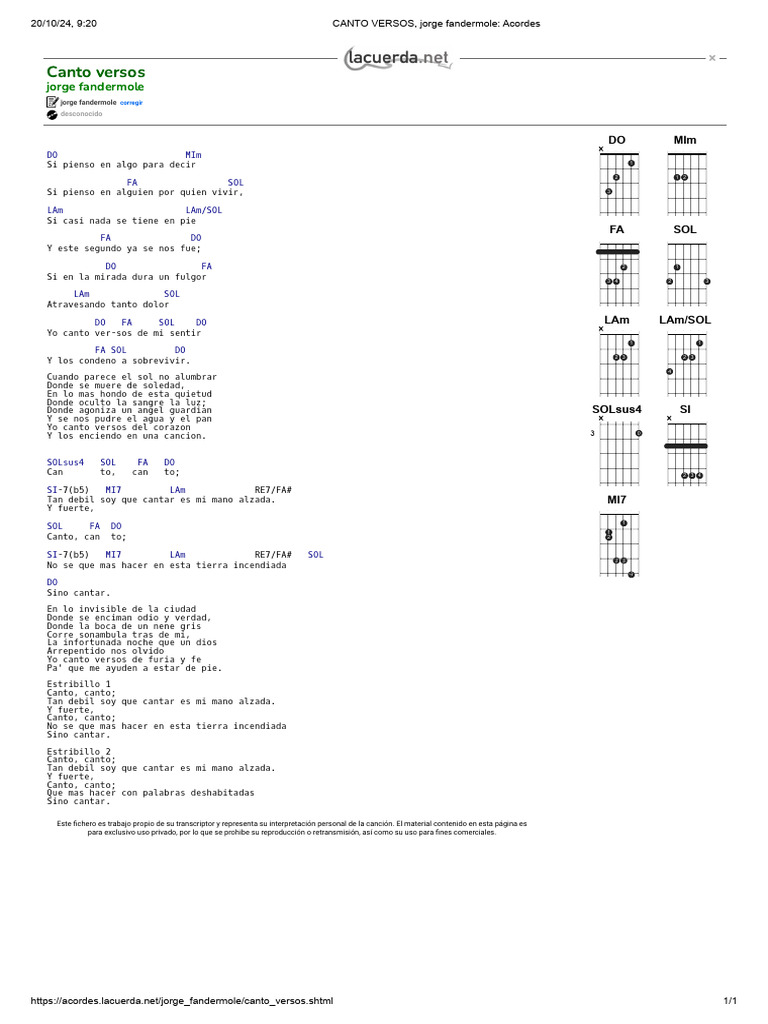 CANTO VERSOS, Jorge Fandermole - Acordes | PDF
