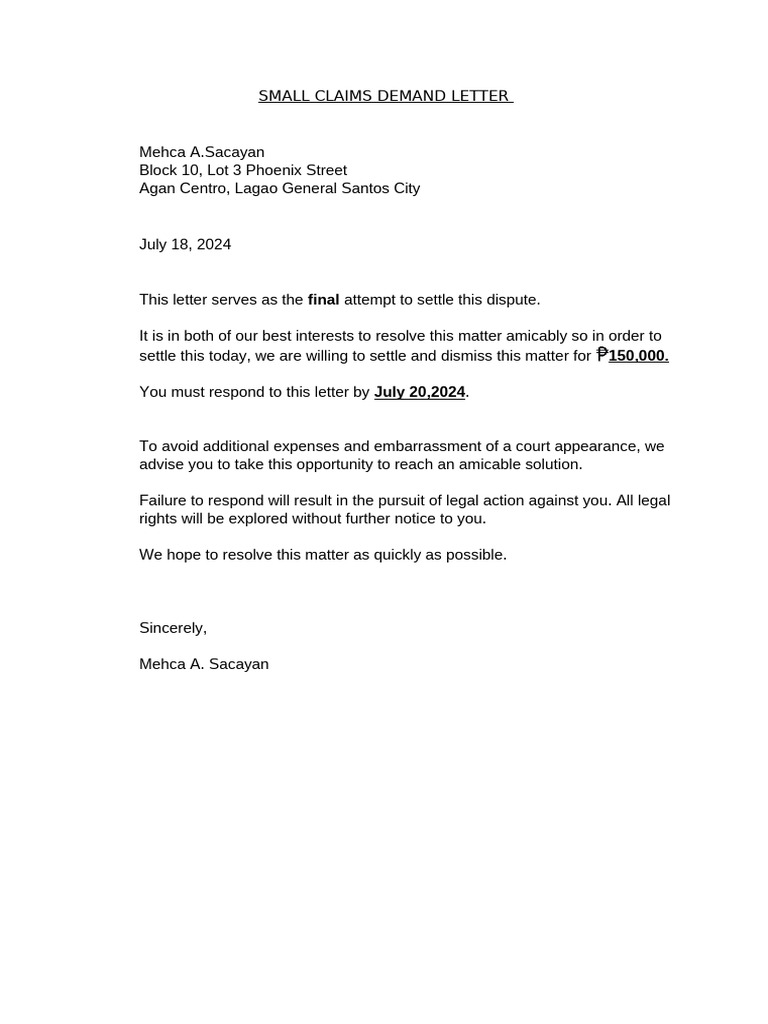Small Claims Demand Letter Template | PDF