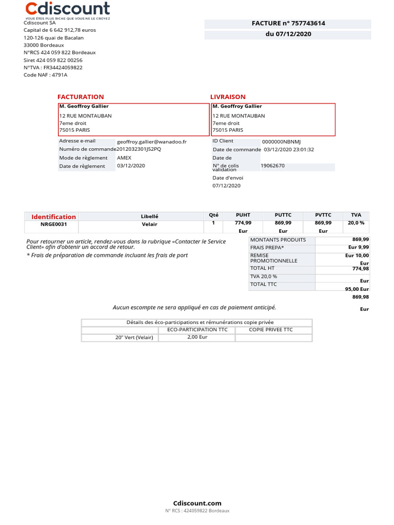 Facture Cdiscount - Commande 2012032301J52PQ | PDF | Taxe sur la valeur ...