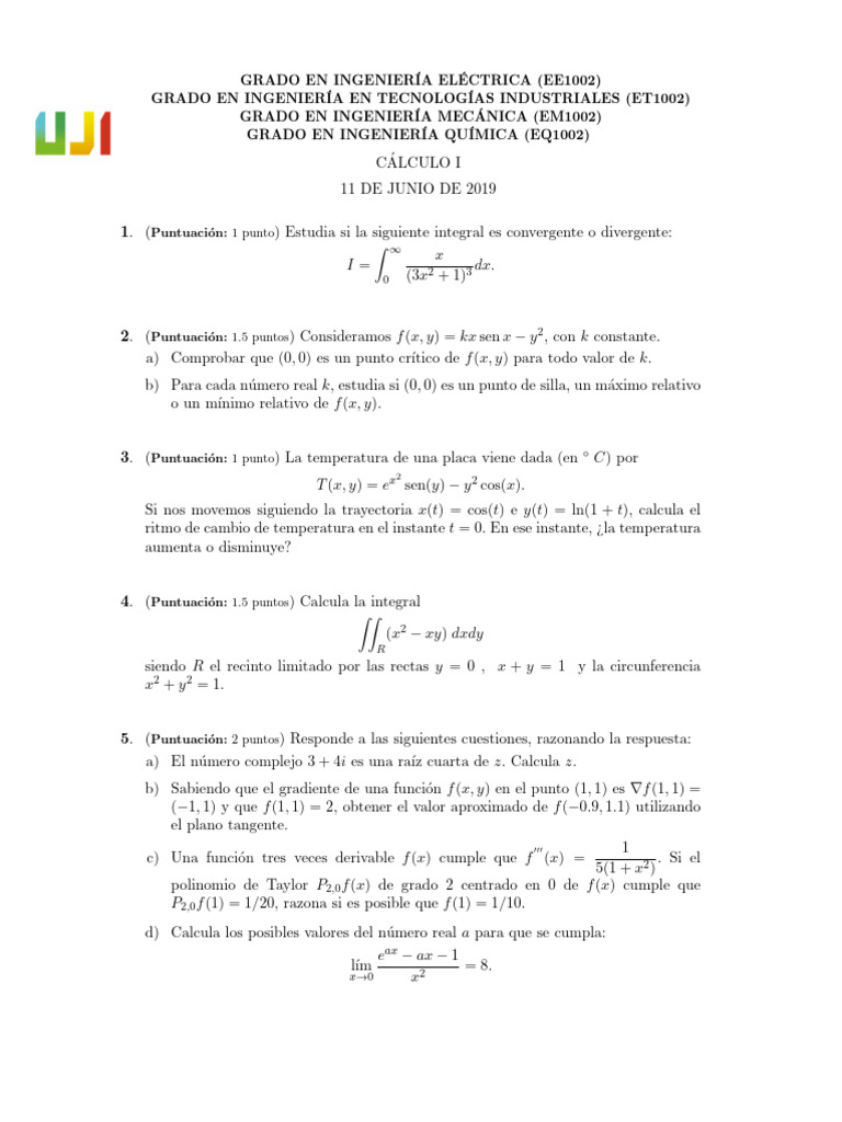 2019 - Juny | PDF | Integral | Física Matemática