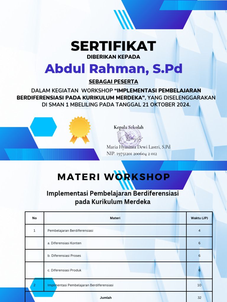 Sertifikat Workshop Pembelajaran Berdiferensiasi | PDF