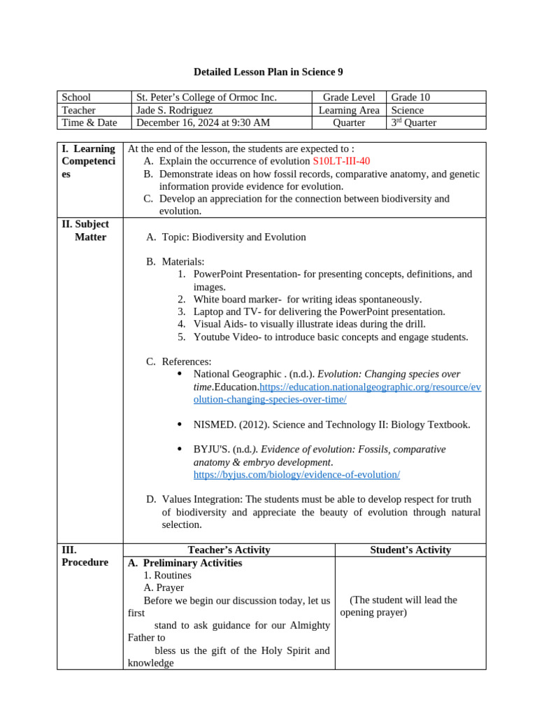 Detailed Lesson Plan - Template (1) | PDF | Evolution | Lesson Plan