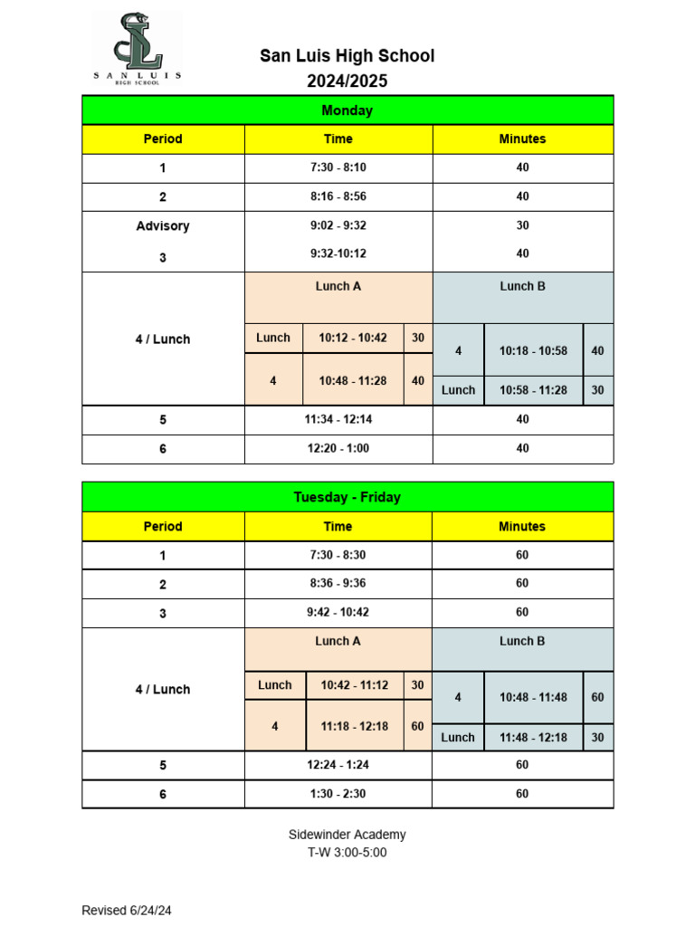 San Luis High School Bell Schedule 2024 | PDF