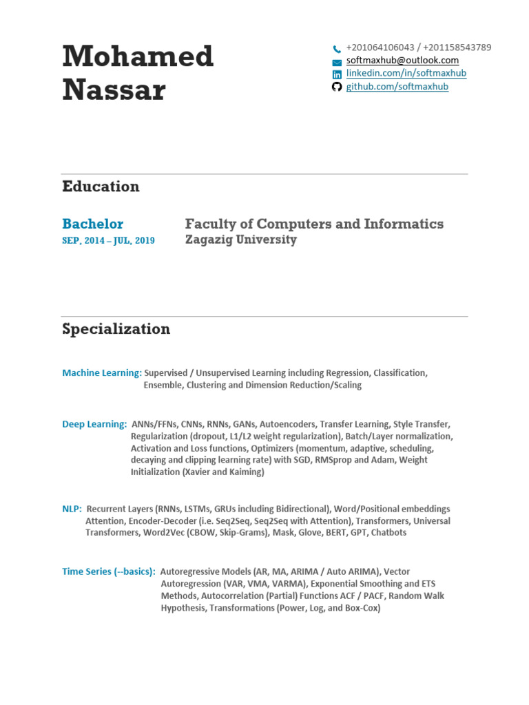 Mohamed Nassar Resume | PDF | Machine Learning | Learning