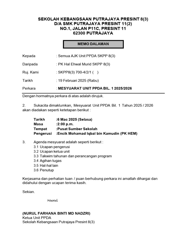 Mesyuarat Unit PPDA SKPP 8(3) 2025/2026 | PDF