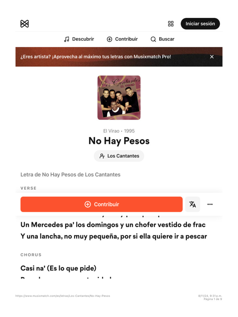 Letra de "No Hay Pesos" - Los Cantantes | PDF | Grabación de sonido ...
