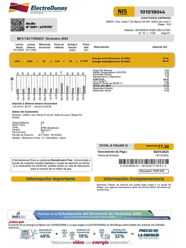 Recibo #S001 - 43791767: MES FACTURADO Diciembre 2024 | PDF | Energia electrica