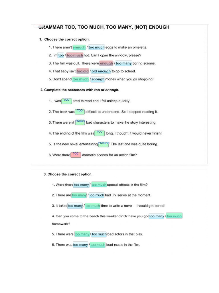 Grammar Too, Too Much, Too Many, (Not) Enough | PDF