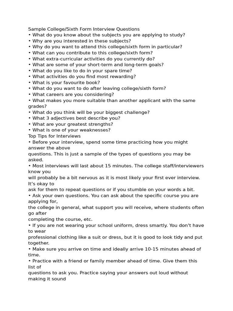 Sixth Form Interview Questions | PDF