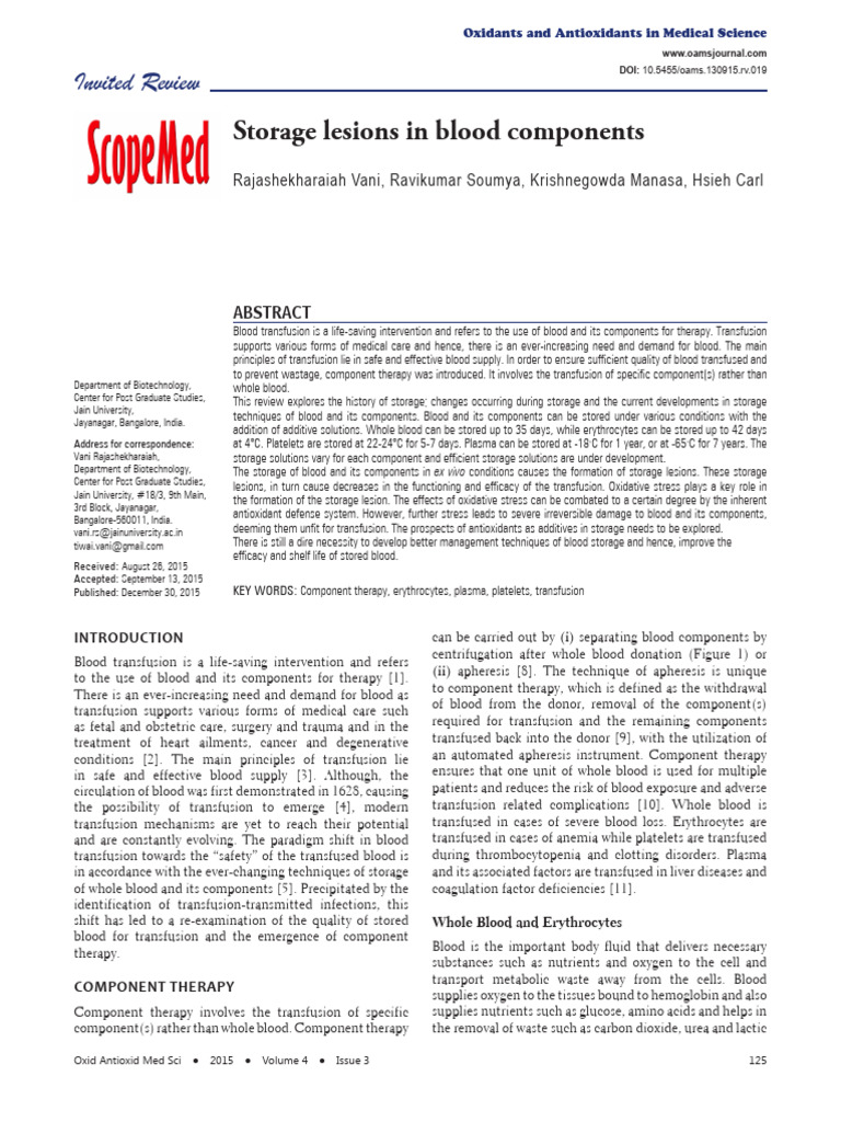 Storage Lesions in Blood Components | PDF | Blood Transfusion | Red ...