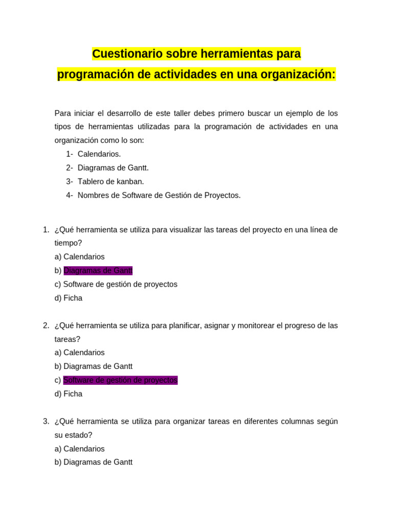 Cuestionario Sobre Herramientas para Programación de Actividades en Una Organización | PDF