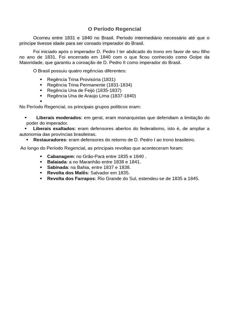 Período Regencial no Brasil (1831-1840) | PDF