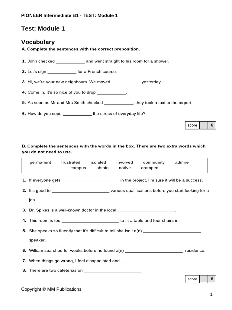 Pioneer Intermediate B1 Tests Module 1 | PDF | Roommate