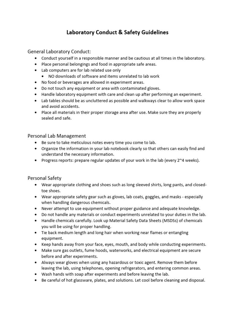 Laboratory Conduct Safety Guidelines | PDF | Laboratories ...