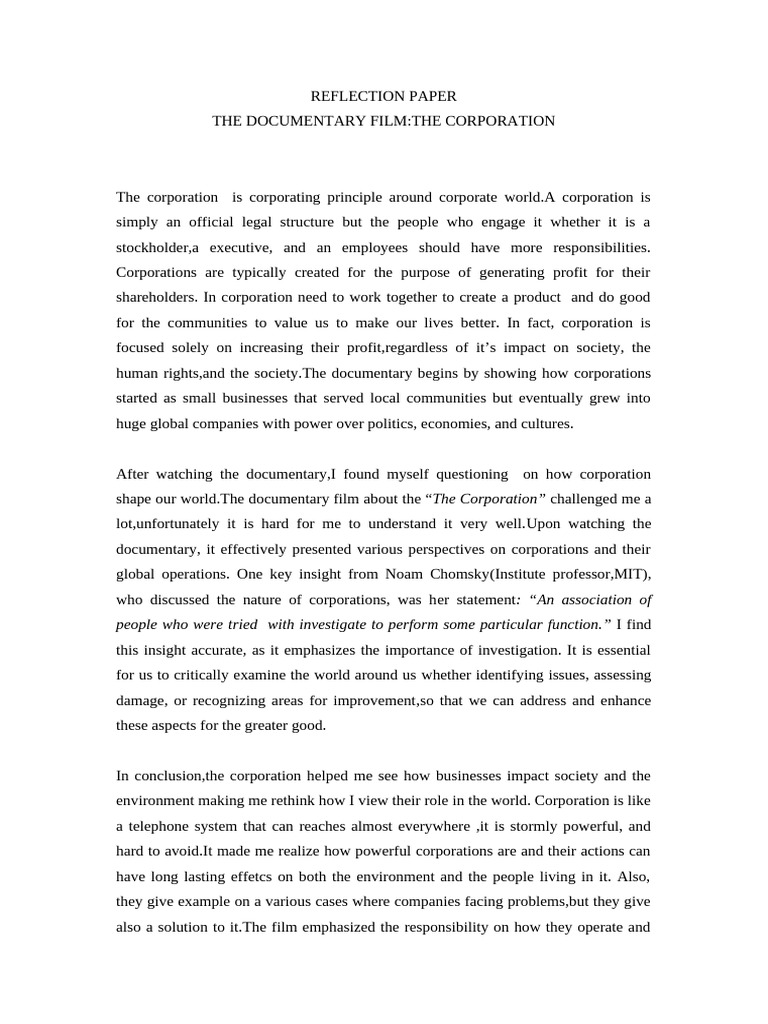 REFLECTION PAPER | PDF | Corporations | Documentary Film