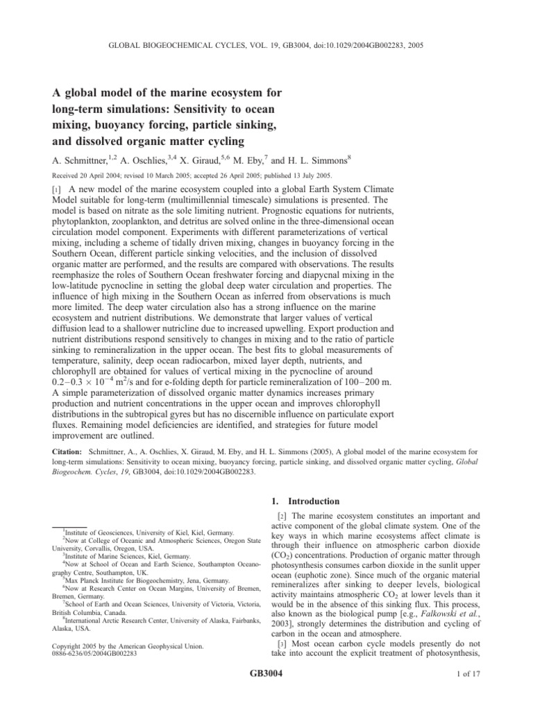 Global Biogeochemical Cycles - 2005 - Schmittner - A Global Model of ...