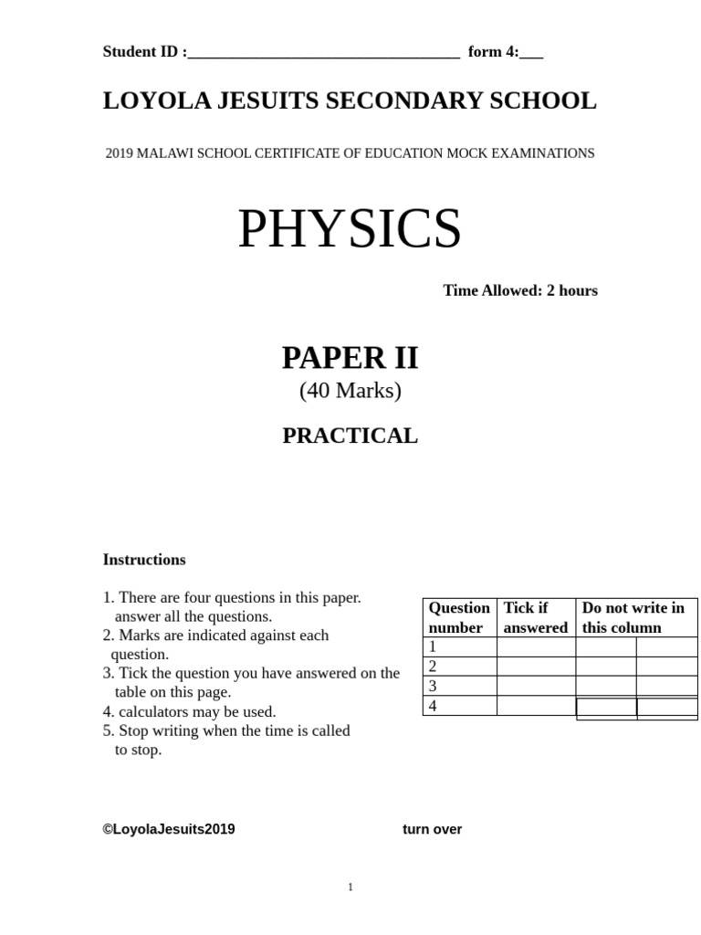 2019 Loyola Phy Paper II | PDF | Volume | Mass