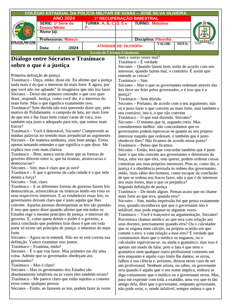 Diálogo Entre Sócrates e Trasímaco Sobre o Que É A Justiça | PDF ...