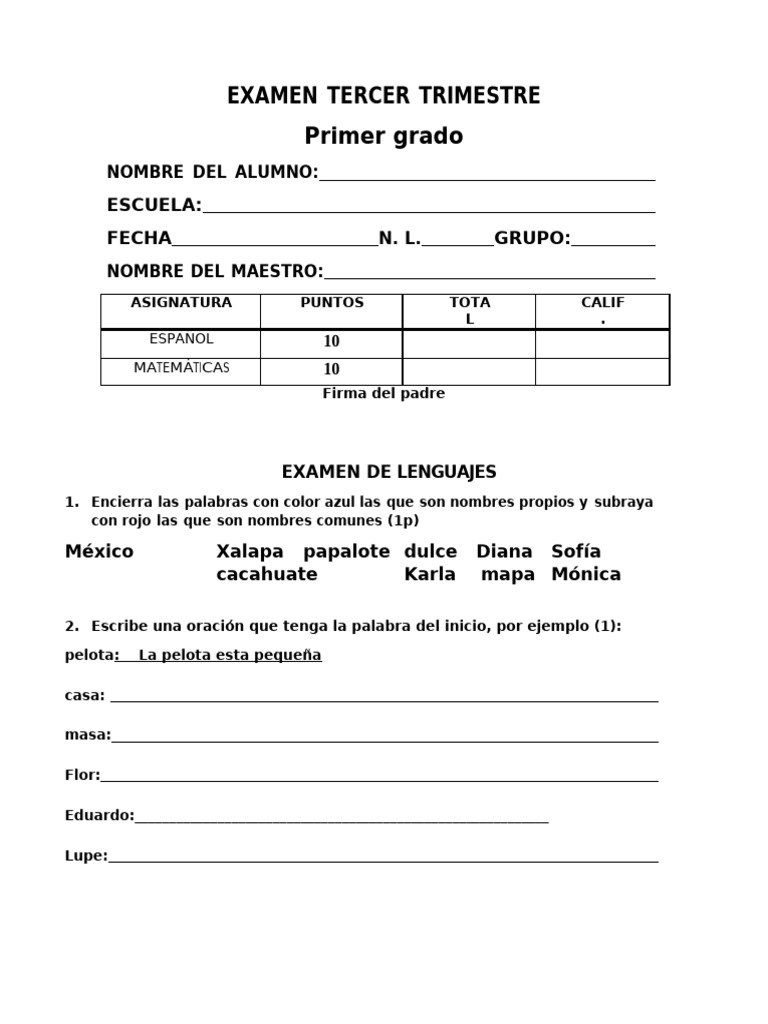 Examen Tercer Trimestre Primer Grado Pdf