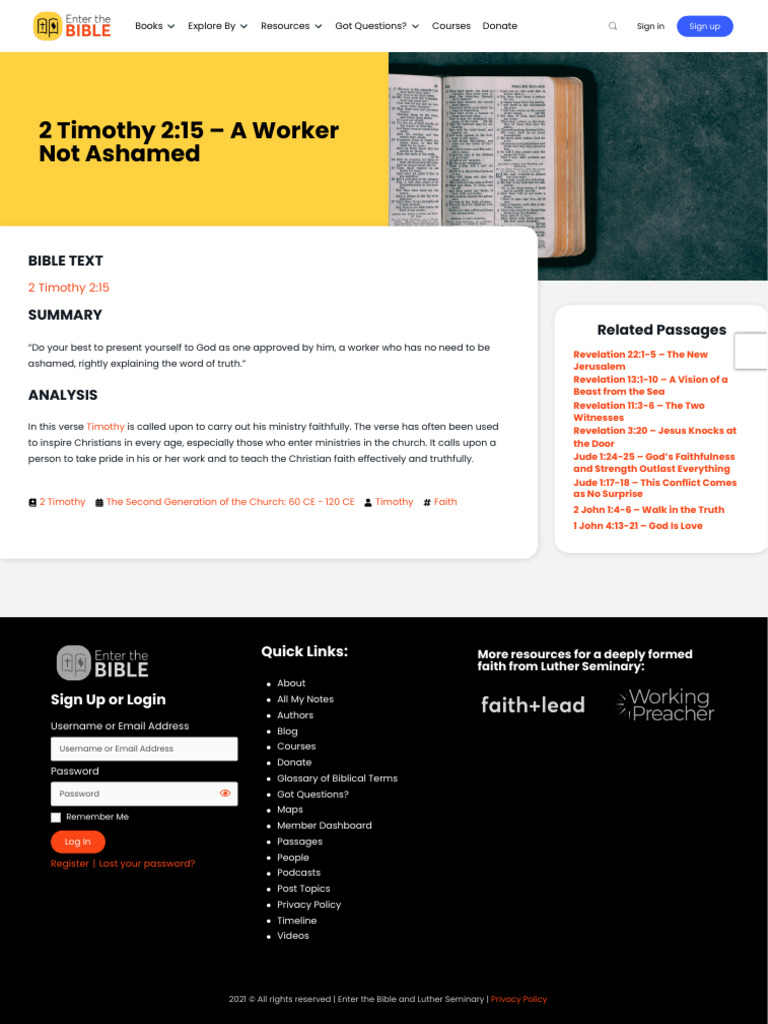2 Timothy 2 - 15 - A Worker Not Ashamed - Enter The Bible | PDF | Bible ...