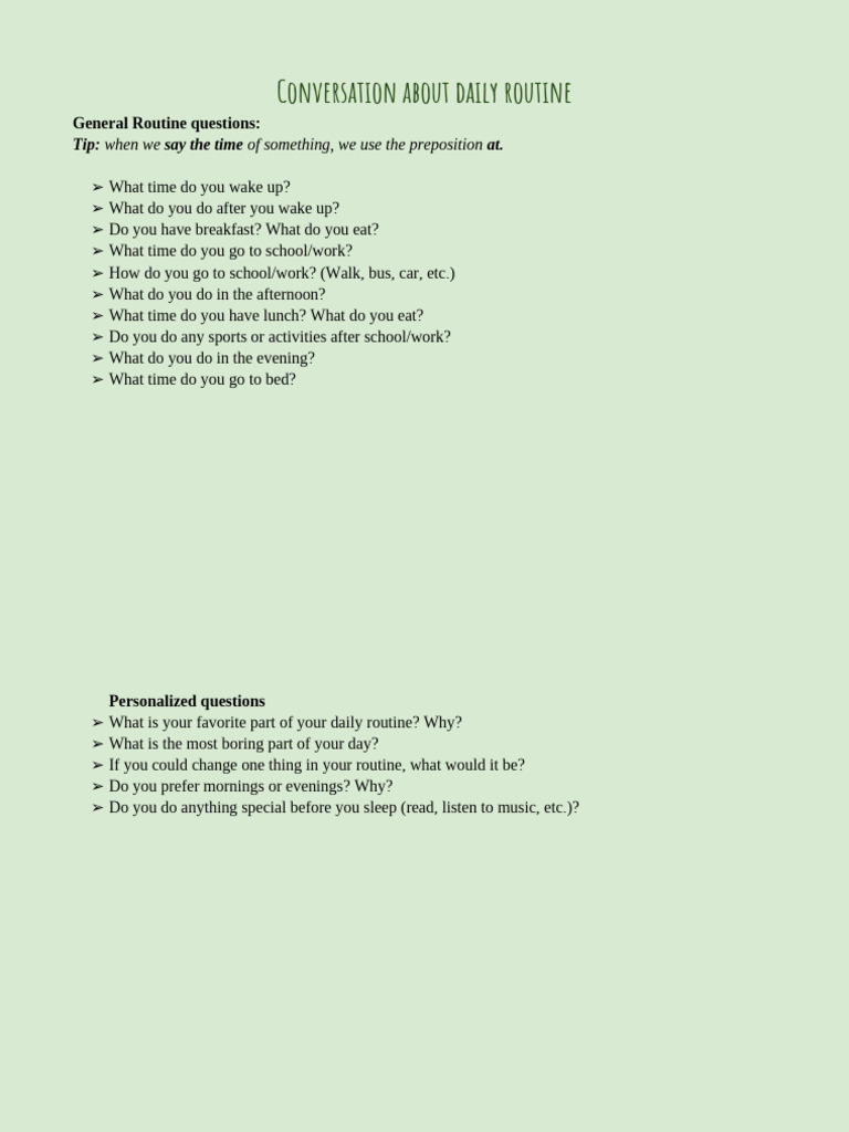Daily Routine Conversation Questions | PDF