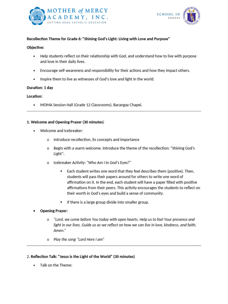 Recollection Activities For Grade 6 | PDF