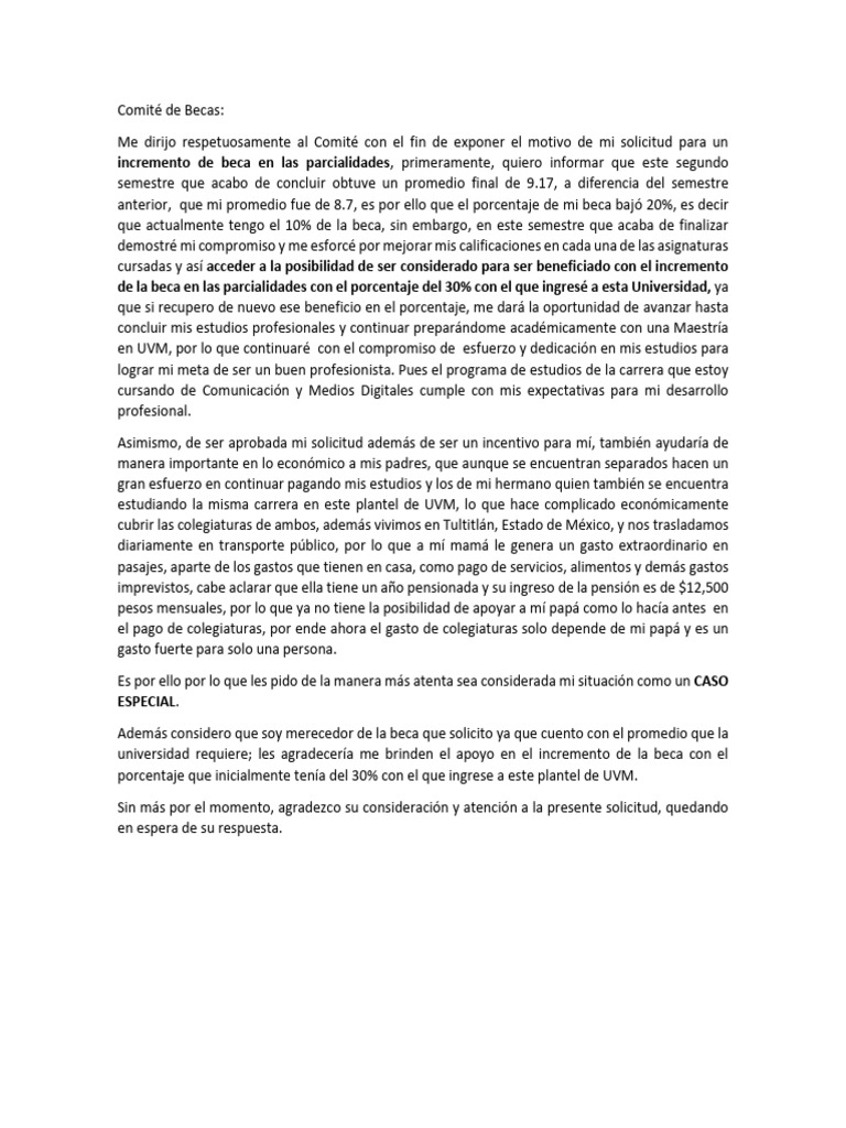 Solicitud de Incremento de Beca UVM | PDF