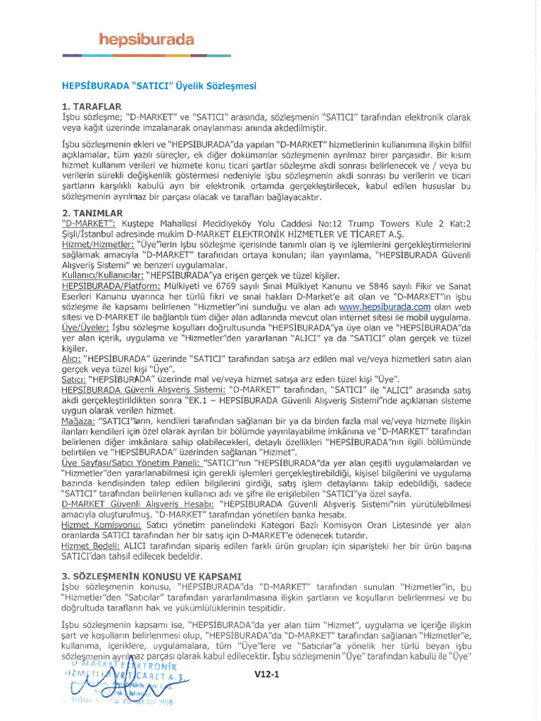 Hepsiburada Satıcı Üyelik Sözleşmesi V12 | PDF
