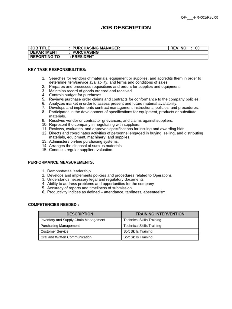 Sample Purchasing Manager - Job Description | PDF | Supply Chain ...