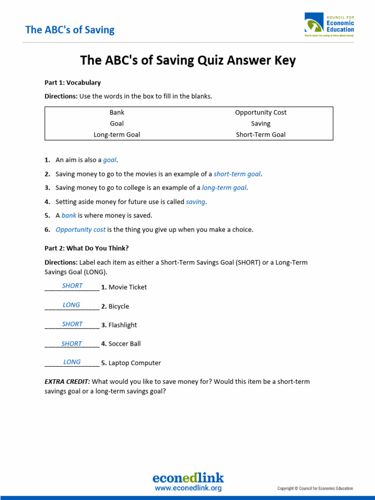 ABC's of Saving Quiz and Answers | PDF