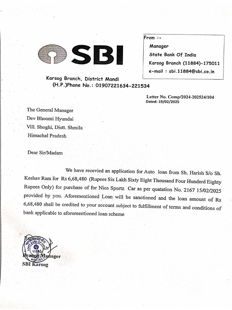 Sanction Letter Car Loan Harish | PDF