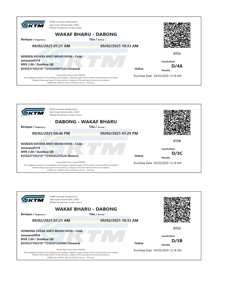 KTMB Train Tickets: Wakaf Bharu-Dabong | PDF | Payments | Financial ...