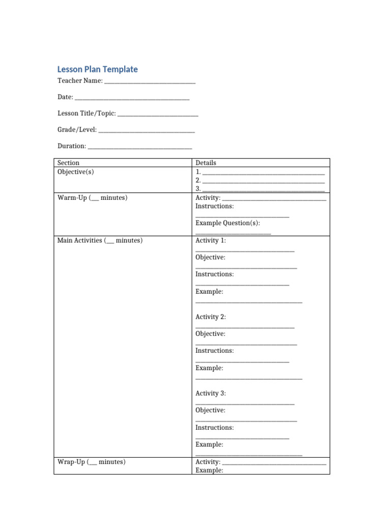 Lesson Plan Table Template | PDF | Lesson Plan | Teaching