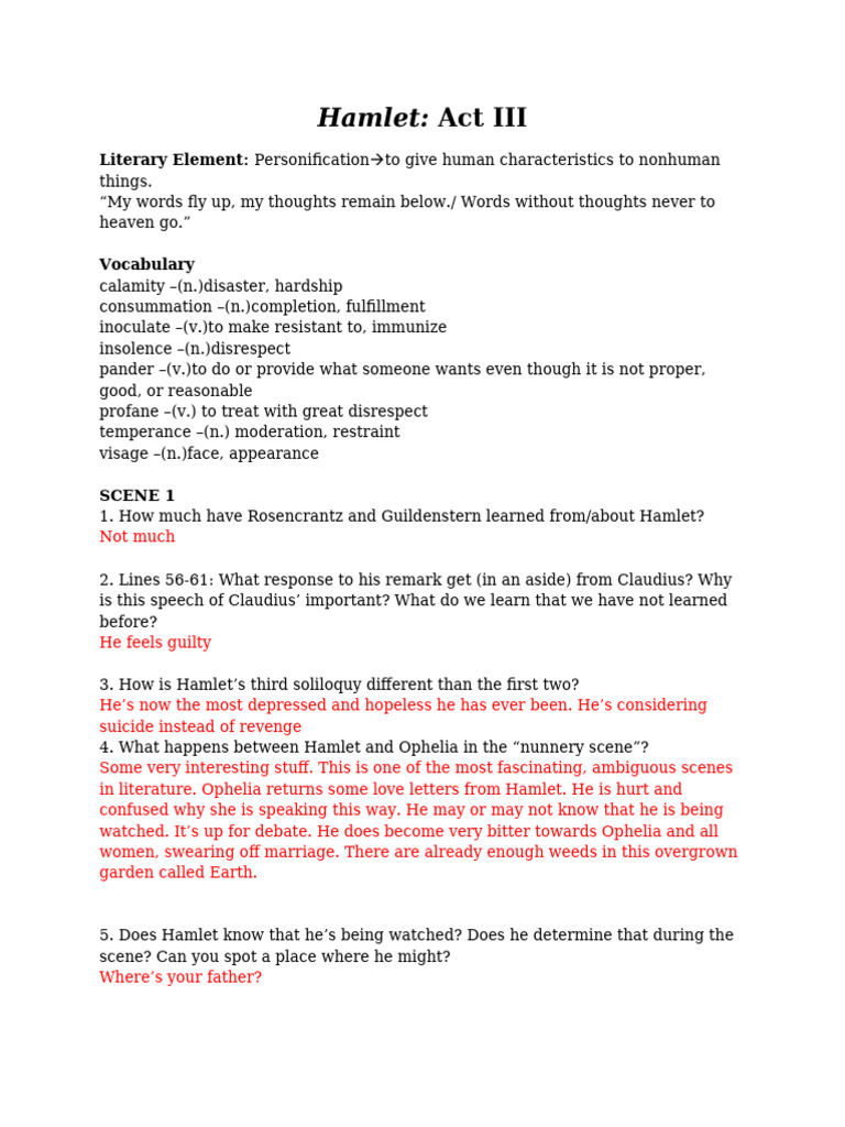 Hamlet Act 3 Study Guide Key | PDF | Hamlet