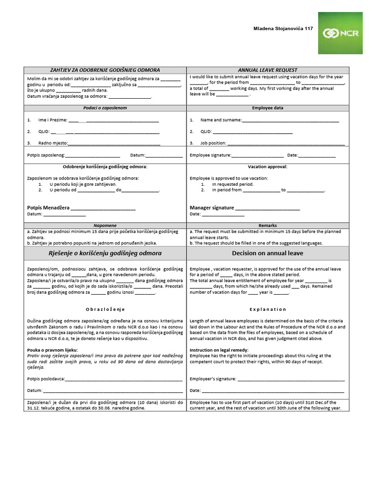 Zahtjev Za Odobrenje Godi Annual Leave Request: Šnjeg Odmora | PDF